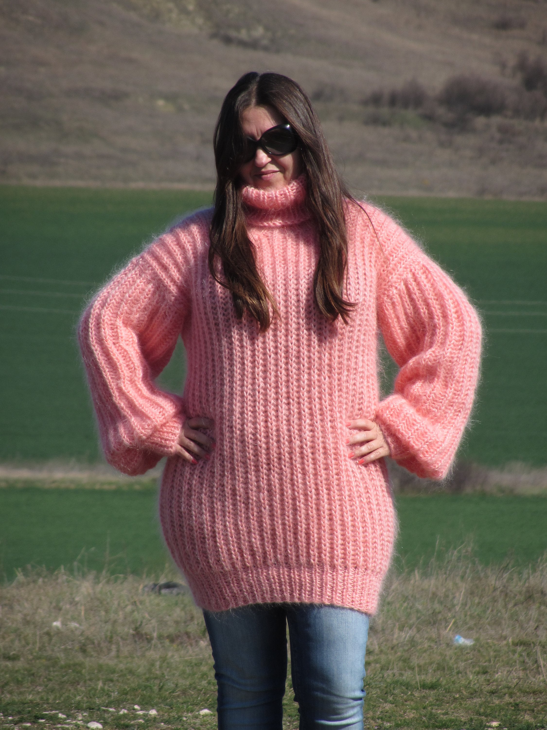 MOHAIR Hand Knitted SALMON Sweater Turtleneck Ribbed Pullover Handmade ...