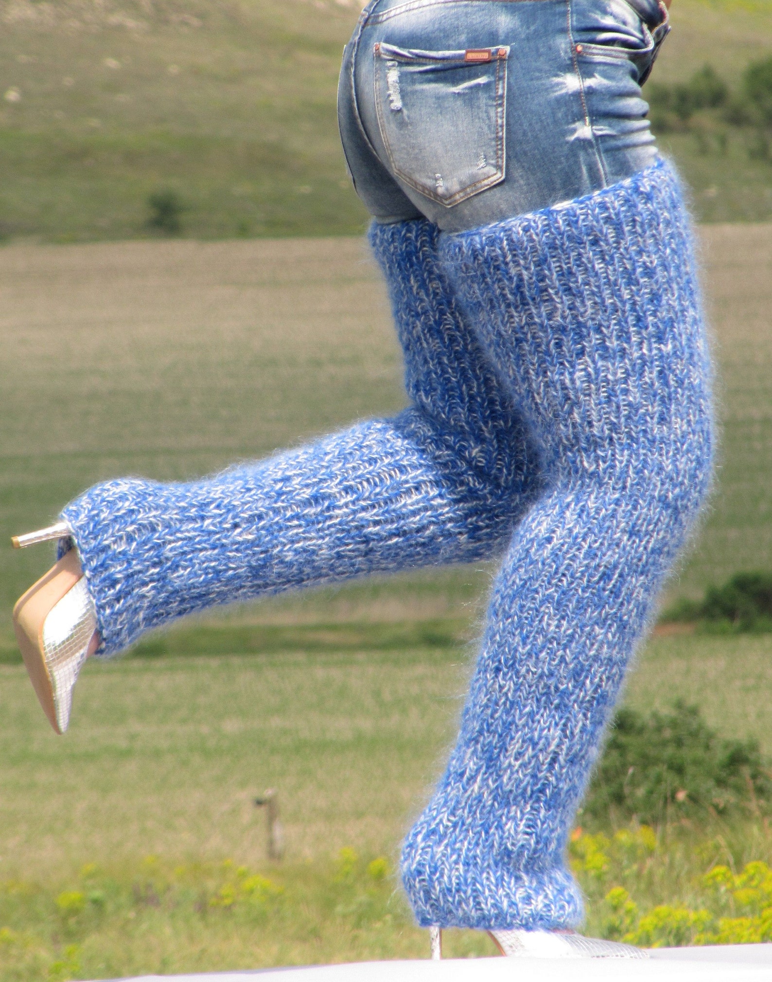 MOHAIR Hand Knitted CREAM and Royal Blue Gaiters LEGWARMERS Legging ...
