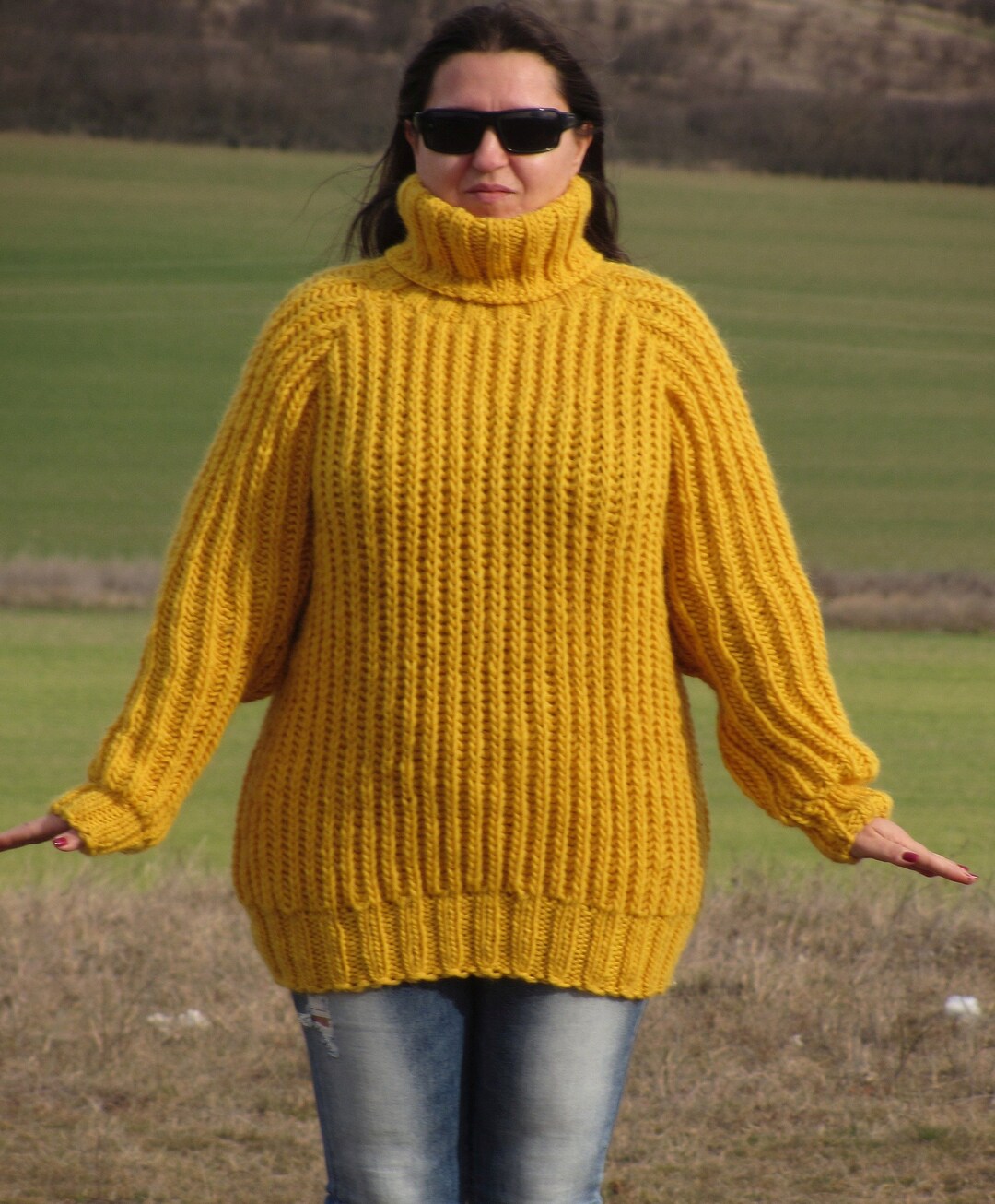 WOOL Hand Knitted MUSTARD Sweater Turtleneck Unisex Pullover Jumper ...
