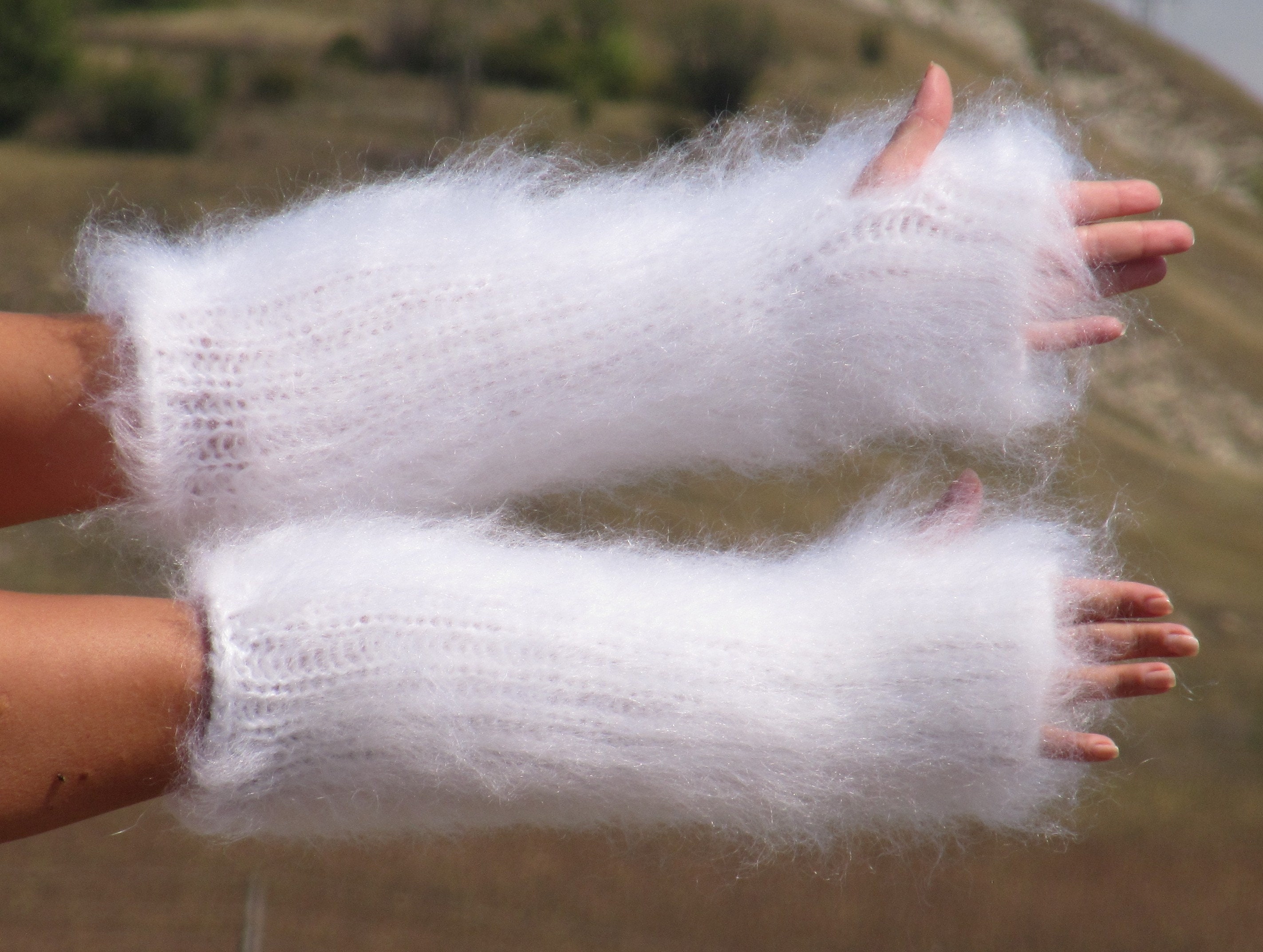 FUZZY MOHAIR Hand Knitted Mittens WHITE Fingerless Gloves Soft - Etsy