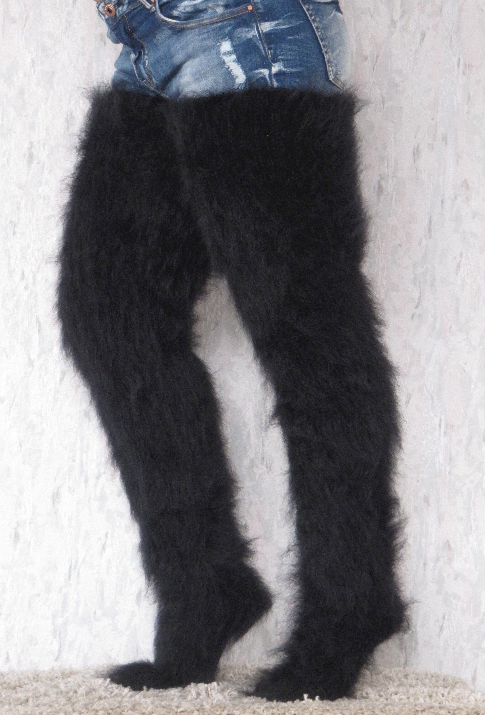FUZZY MOHAIR Hand Knitted Long Socks Stockings BLACK Leg Warmers Fluffy ...