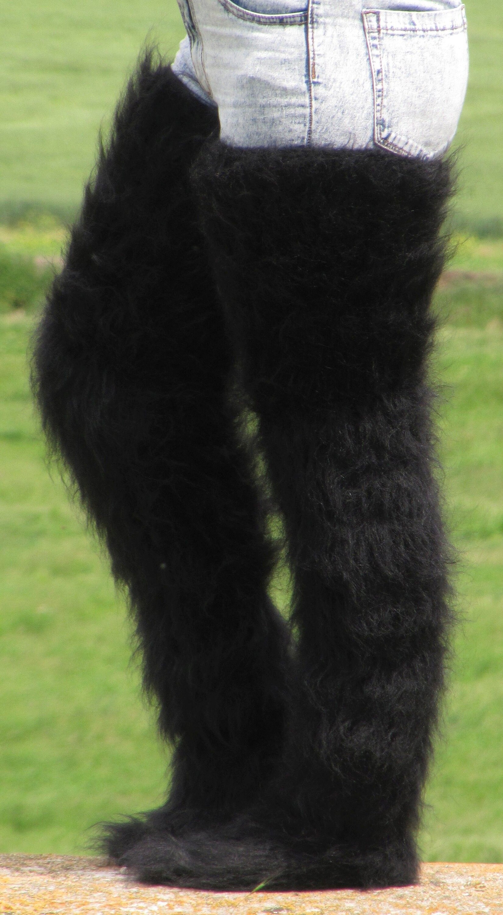 FUZZY MOHAIR Hand Knitted Long Socks Stockings BLACK Leg Warmers Fluffy ...