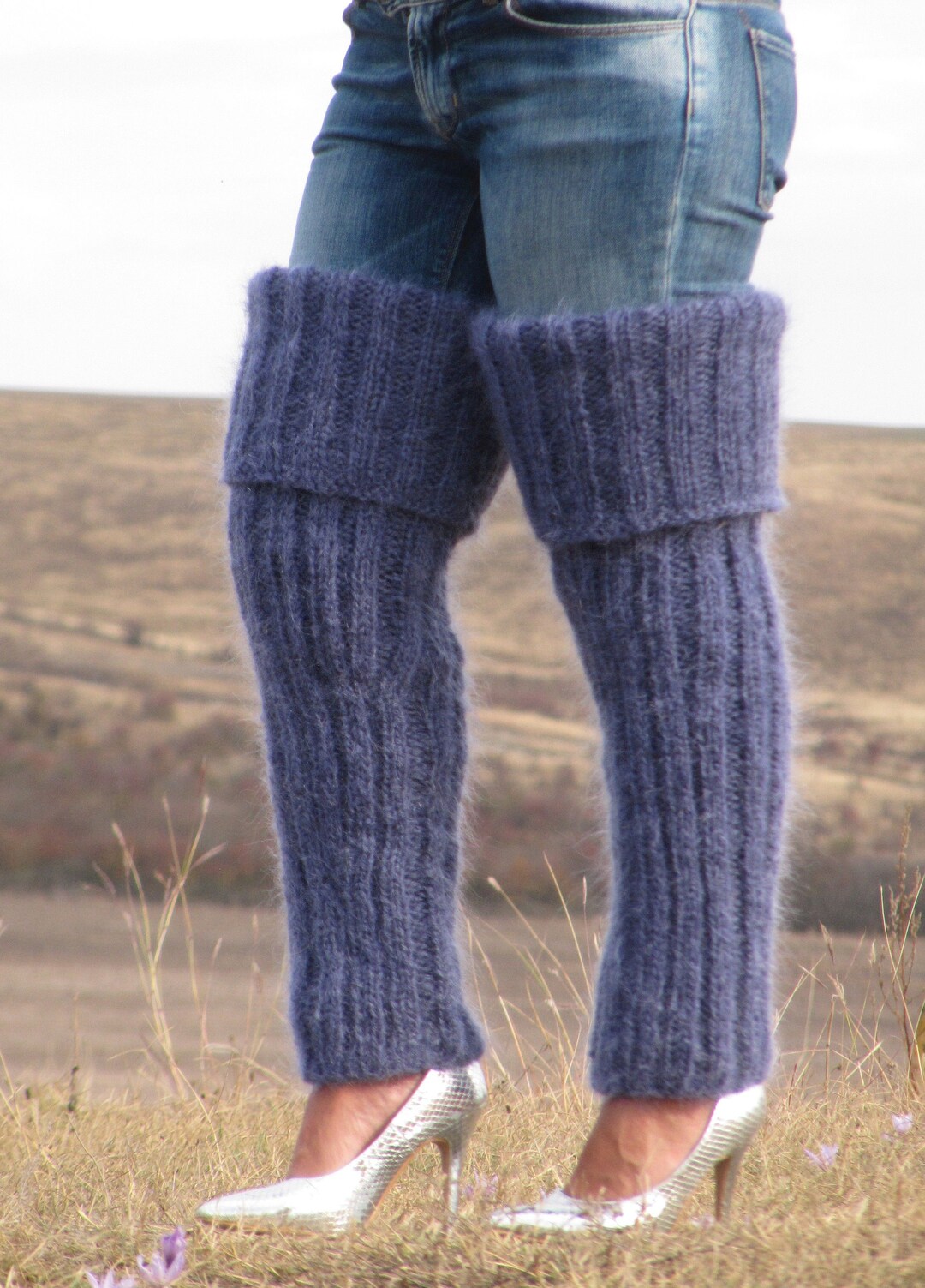 MOHAIR Hand Knitted Denim Melange Gaiters LEGWARMERS Legging Spats ...