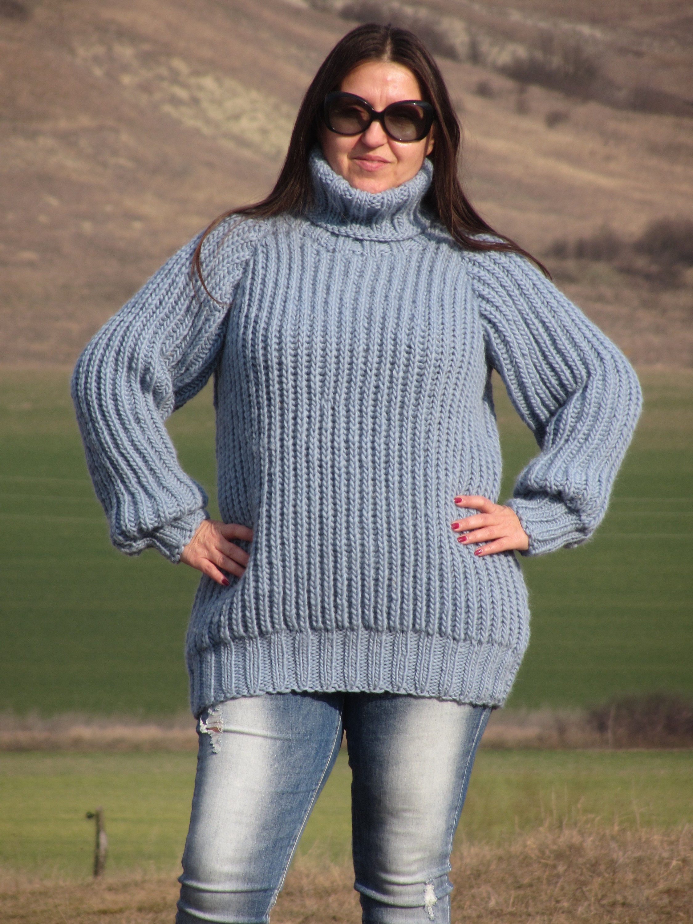 100% WOOL Hand Knitted Thick Unisex Woolen Sweater With Turtleneck Soft ...