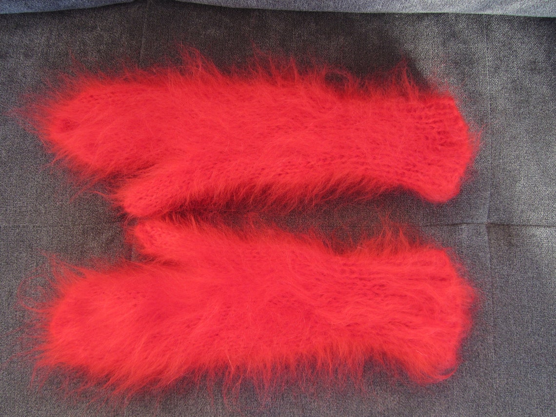 FUZZY Mohair Mittens BRIGHT RED Handmade Warm Hand Knitted Hand Warmers ...
