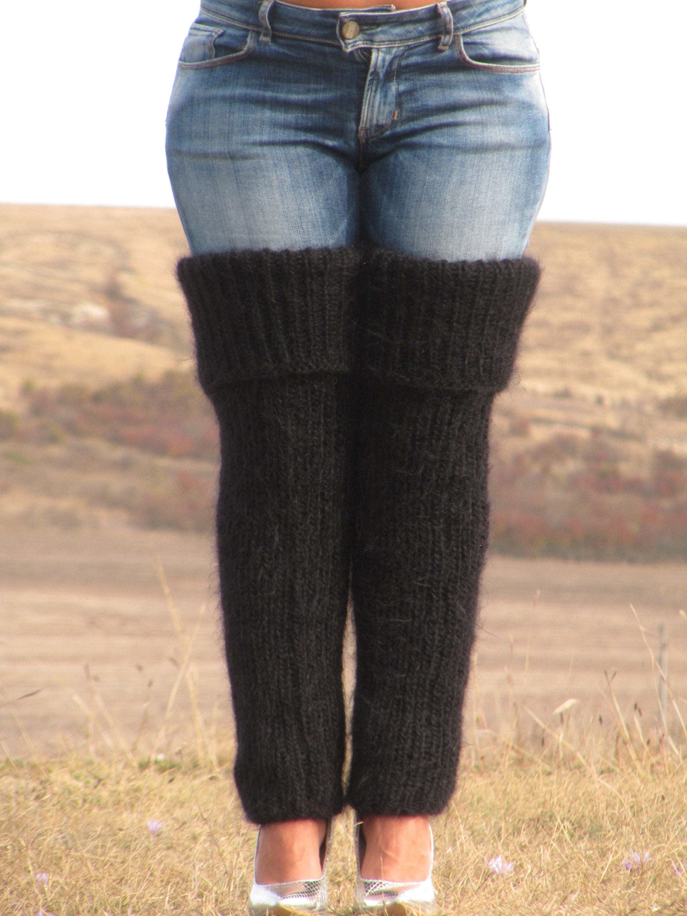 MOHAIR Hand Knitted BLACK Gaiters LEGWARMERS Legging Spats Unisex Soft ...