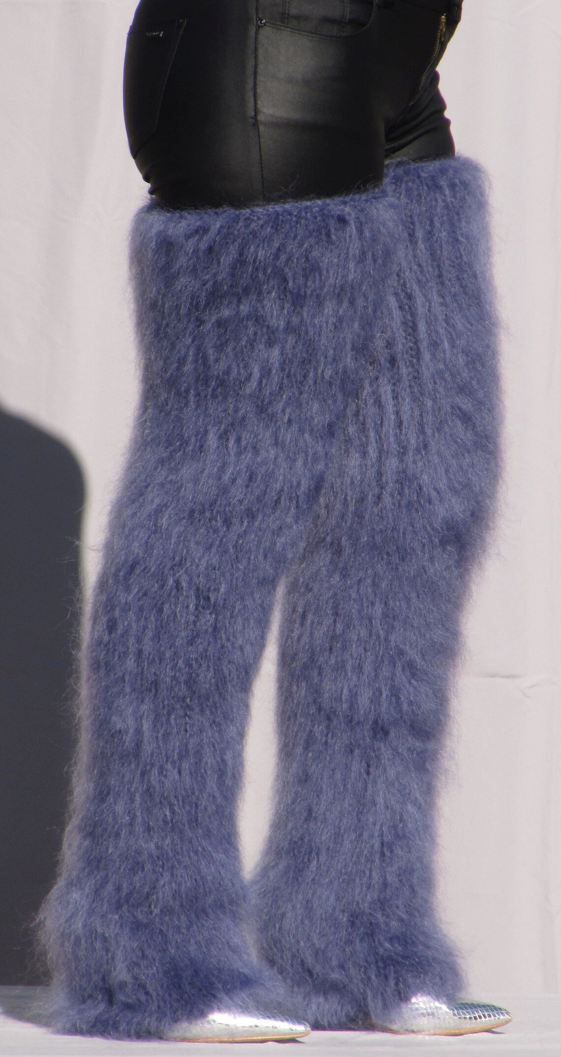 FUZZY MOHAIR Hand Knitted Denim Melange Gaiters LEGWARMERS Legging ...