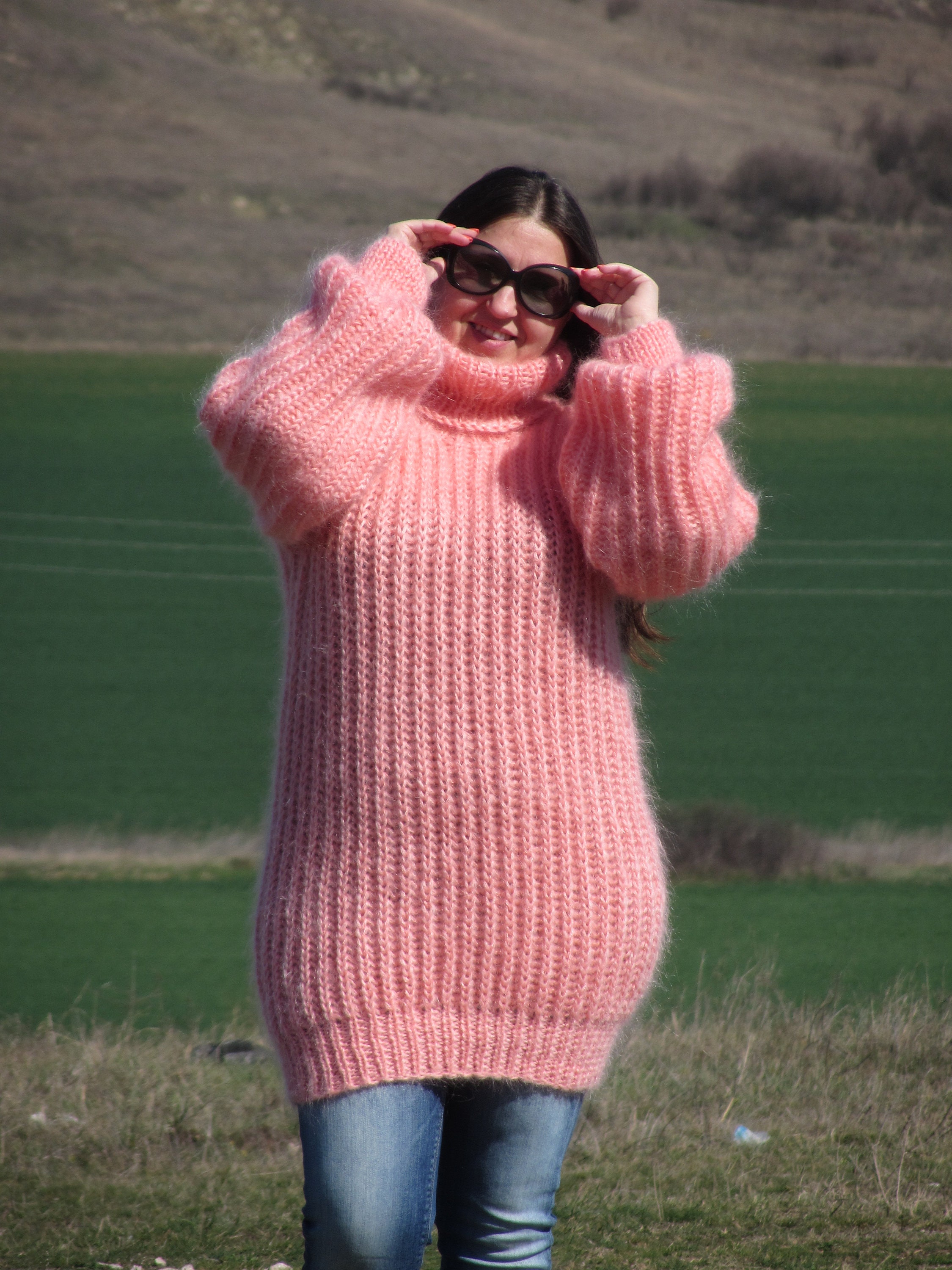 MOHAIR Hand Knitted SALMON Sweater Turtleneck Ribbed Pullover Handmade ...