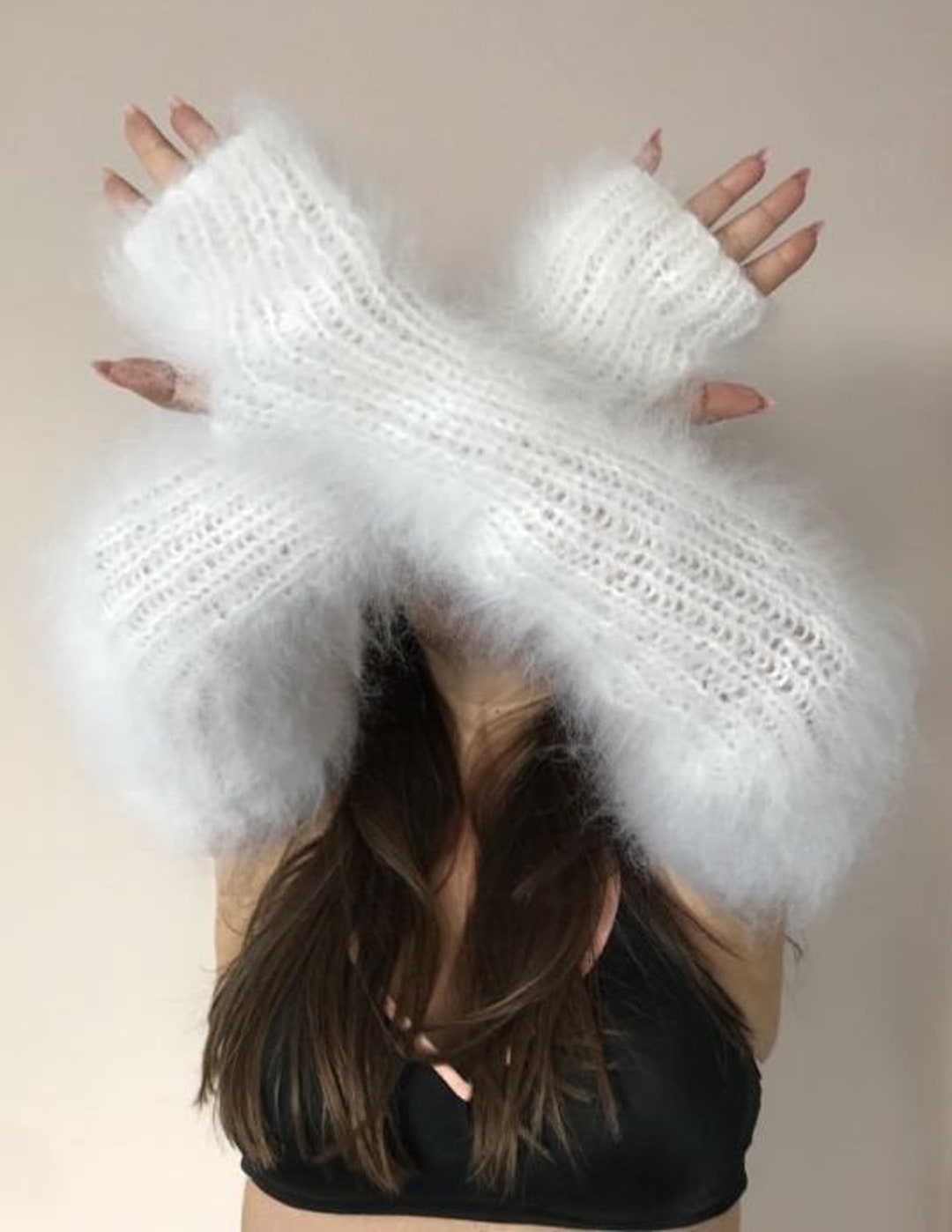 FUZZY MOHAIR Hand Knitted Mittens WHITE Fingerless Gloves Soft Fluffy ...