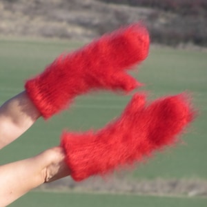 FUZZY Mohair Mittens BRIGHT RED Handmade Warm Hand Knitted Hand Warmers ...