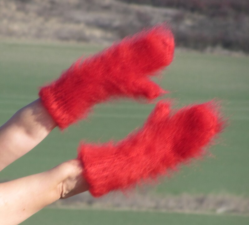 FUZZY Mohair Mittens BRIGHT RED Handmade Warm Hand Knitted Hand Warmers ...
