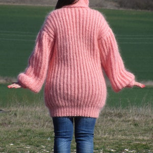 MOHAIR Hand Knitted SALMON Sweater Turtleneck Ribbed Pullover Handmade ...