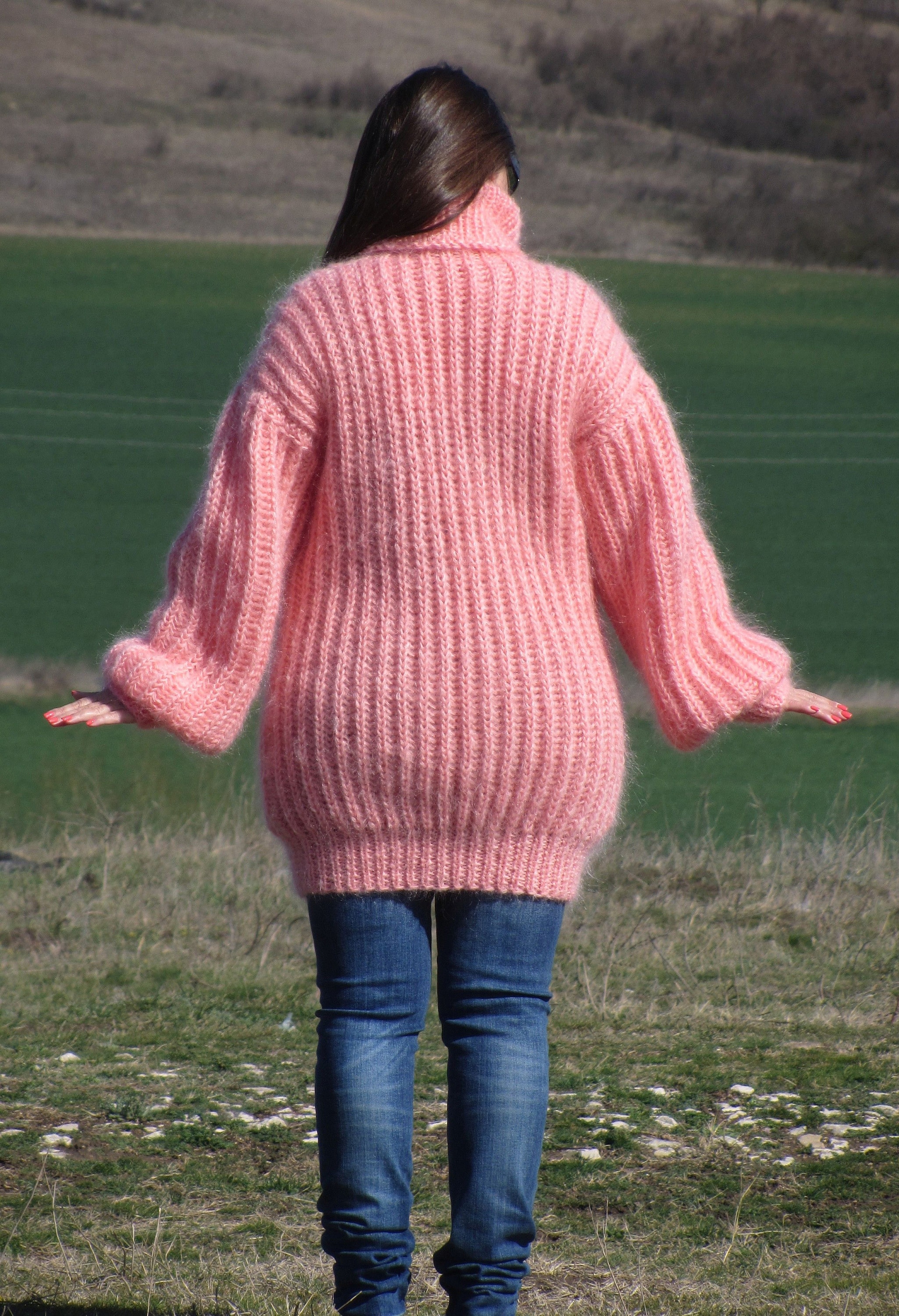 MOHAIR Hand Knitted SALMON Sweater Turtleneck Ribbed Pullover Handmade ...