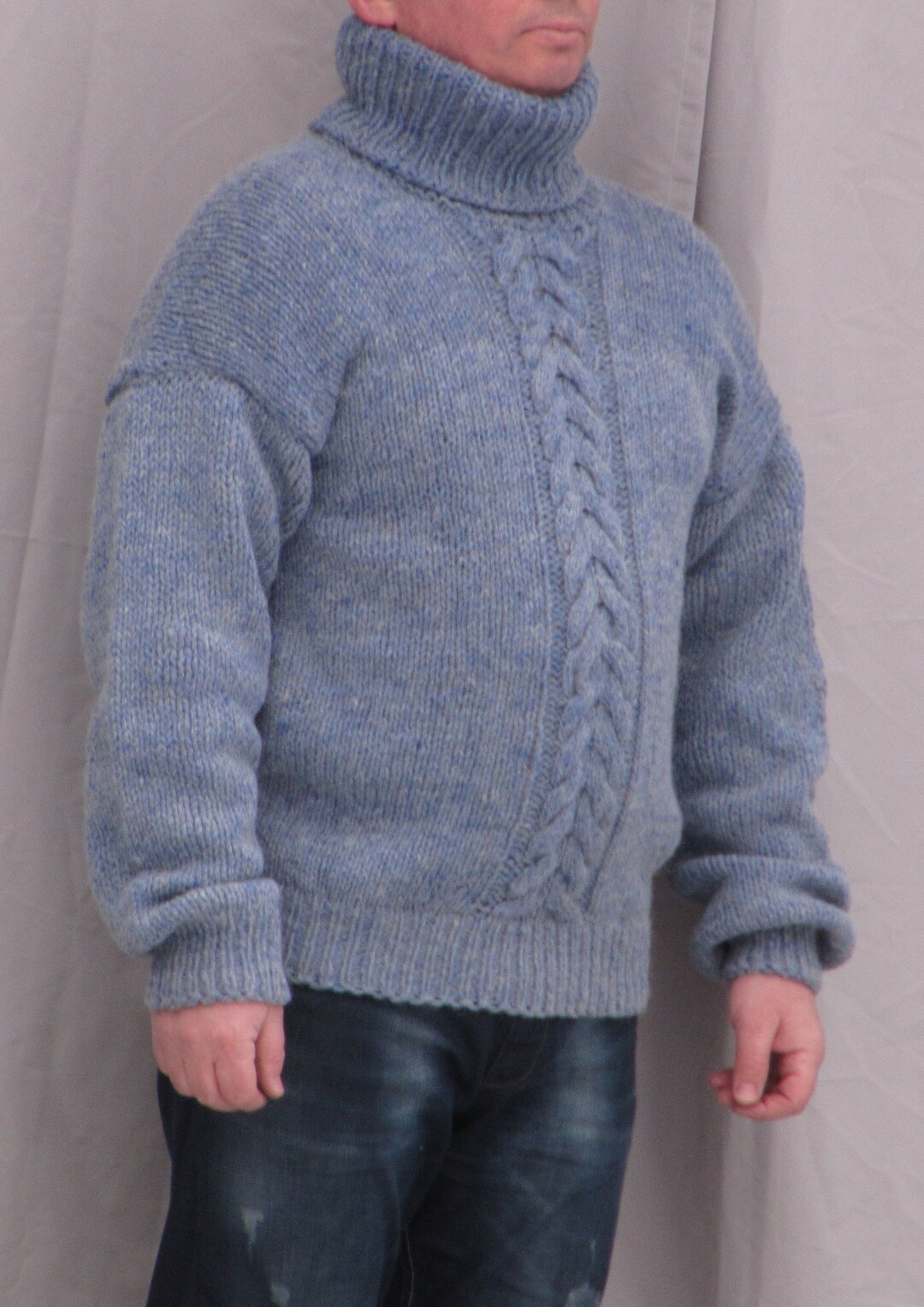 WOOL 100 % Raw Organic Natural Hand Knit BLUE MELANGE Sweater ...