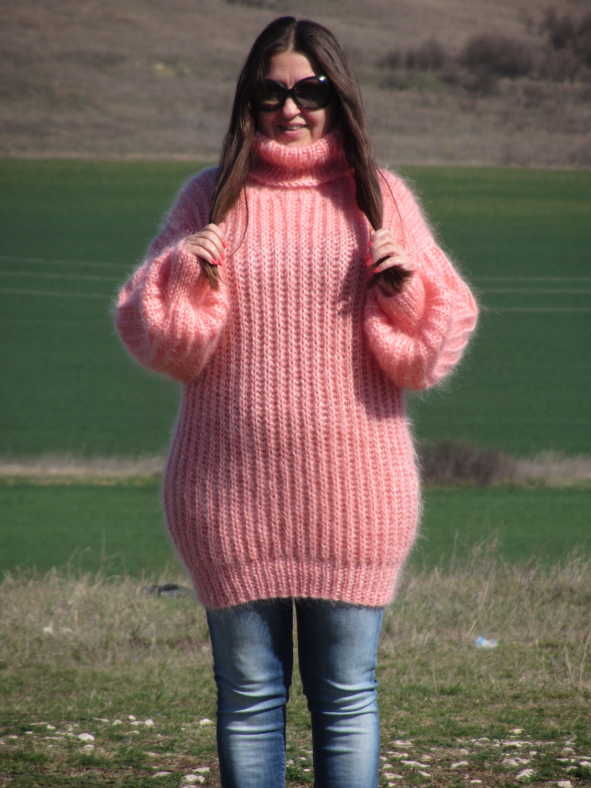 MOHAIR Hand Knitted SALMON Sweater Turtleneck Ribbed Pullover Handmade ...
