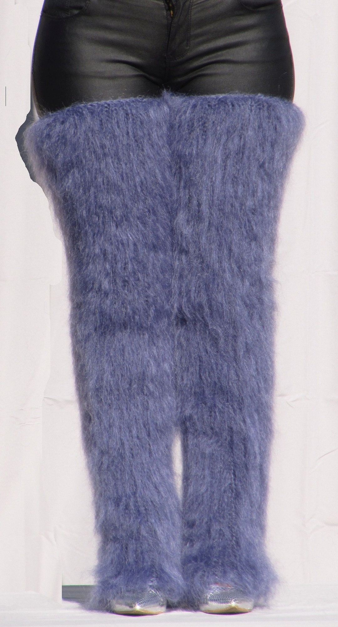 FUZZY MOHAIR Hand Knitted Denim Melange Gaiters LEGWARMERS Legging ...
