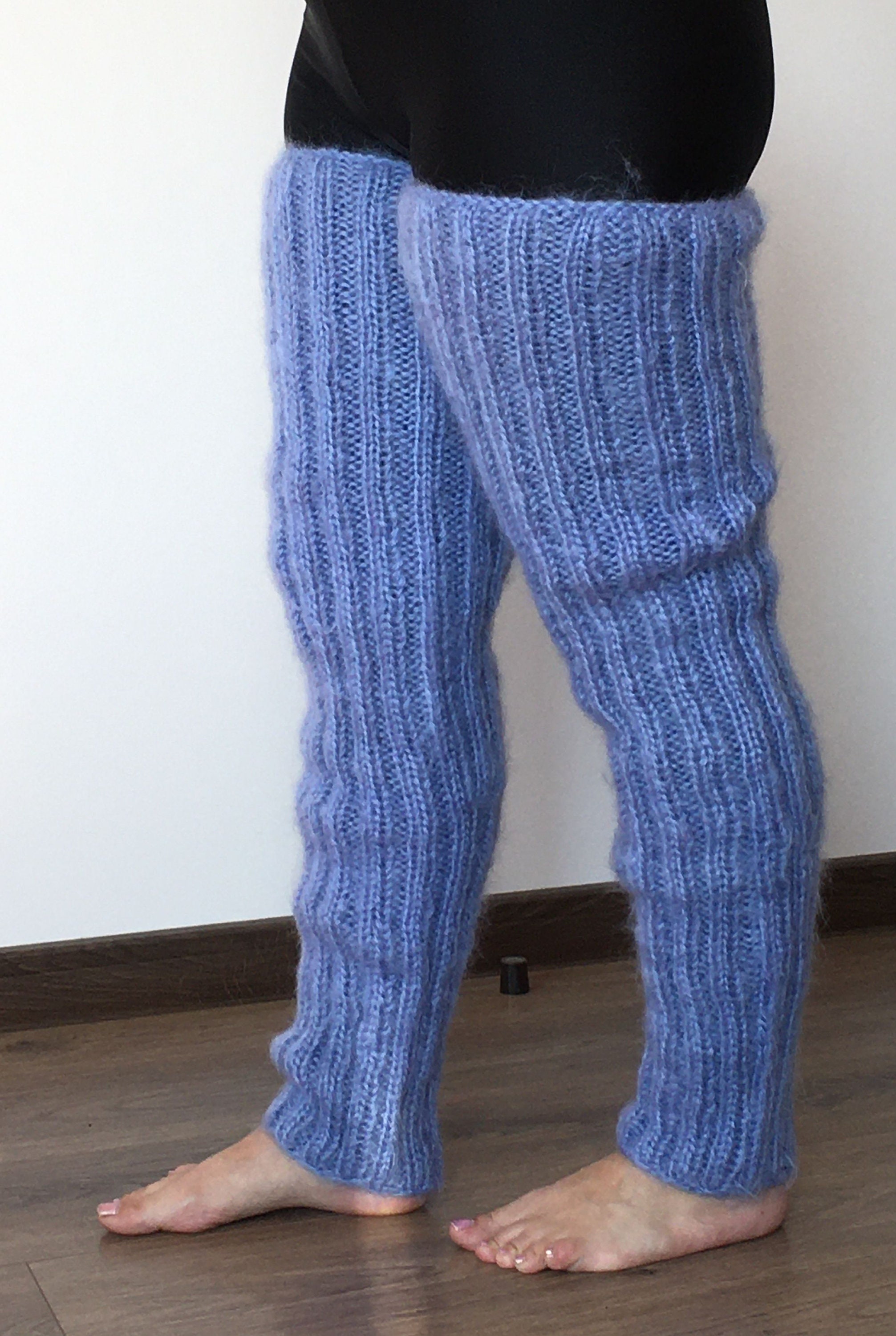 MOHAIR Hand Knitted BLUE Gaiters LEGWARMERS Legging Spats Unisex Ribbed ...