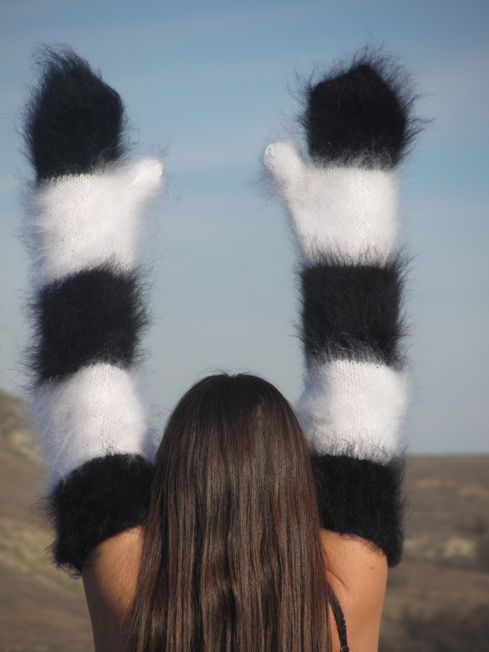 FUZZY Mohair ZEBRA Long Mittens Thick Warm Handmade Ski Black & Whide ...