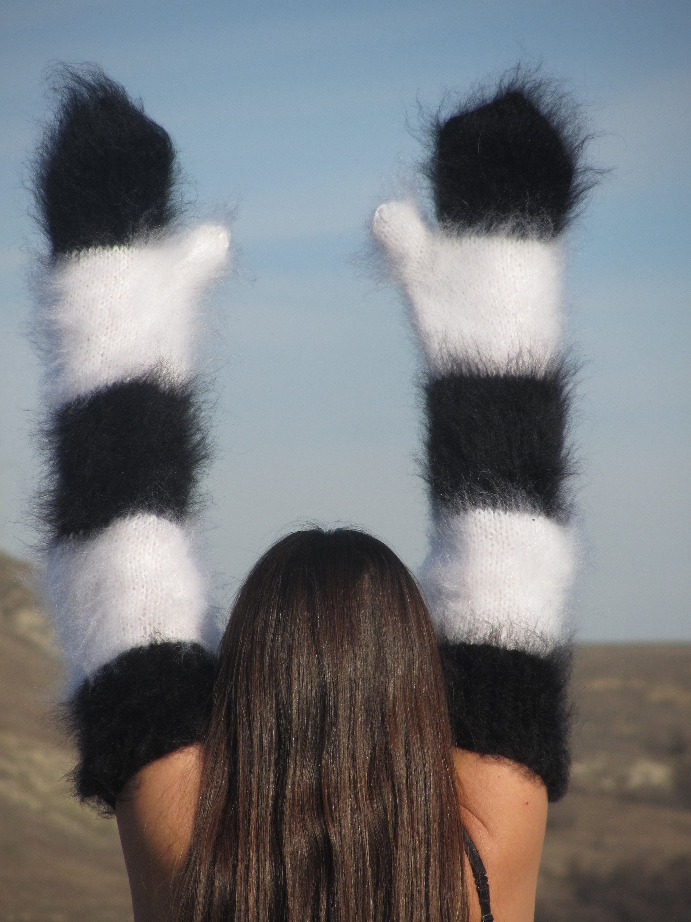 FUZZY Mohair ZEBRA Long Mittens Thick Warm Handmade Ski Black & Whide ...