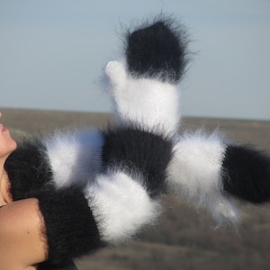 FUZZY Mohair ZEBRA Long Mittens Thick Warm Handmade Ski Black & Whide ...