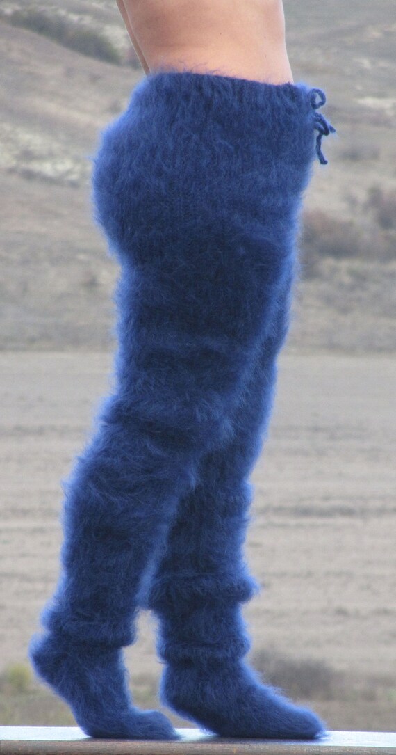 FUZZY MOHAIR Navy Blue Thick Tights Pants With Socks Fluffy - Etsy