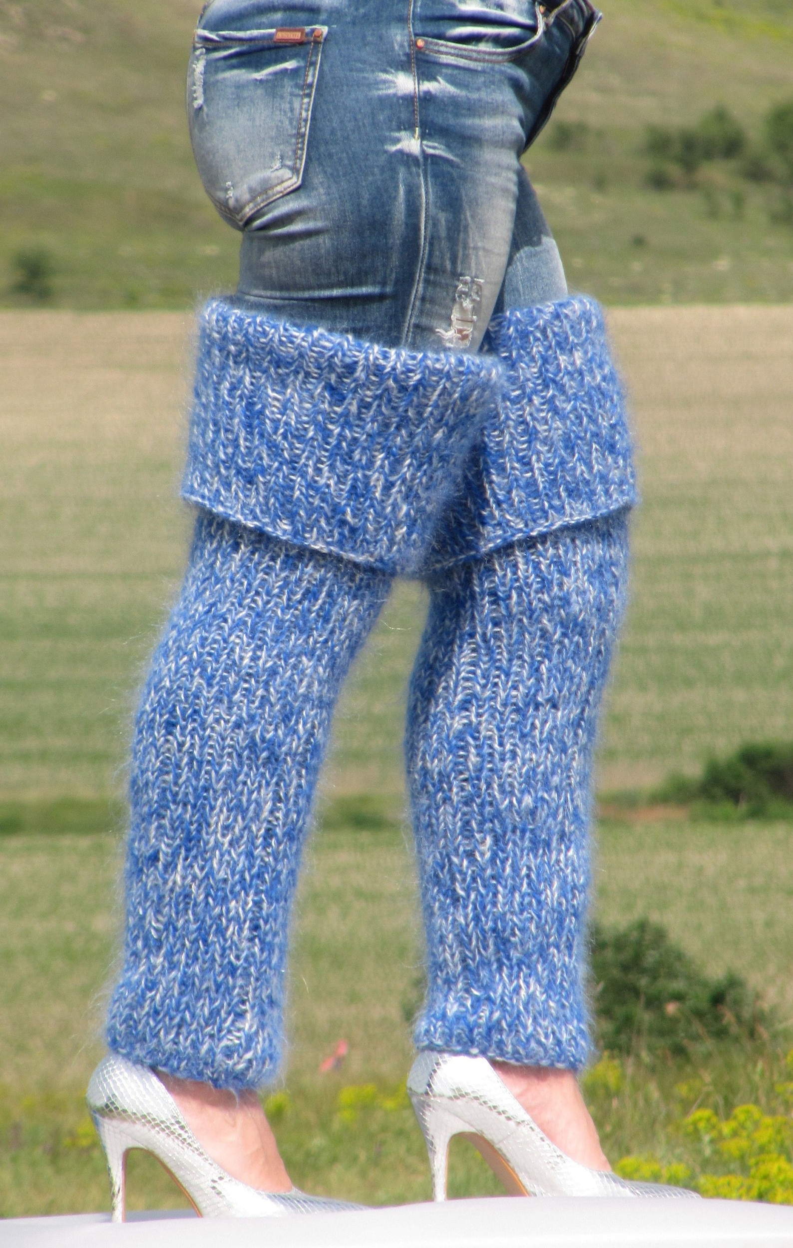 MOHAIR Hand Knitted CREAM and Royal Blue Gaiters LEGWARMERS Legging ...