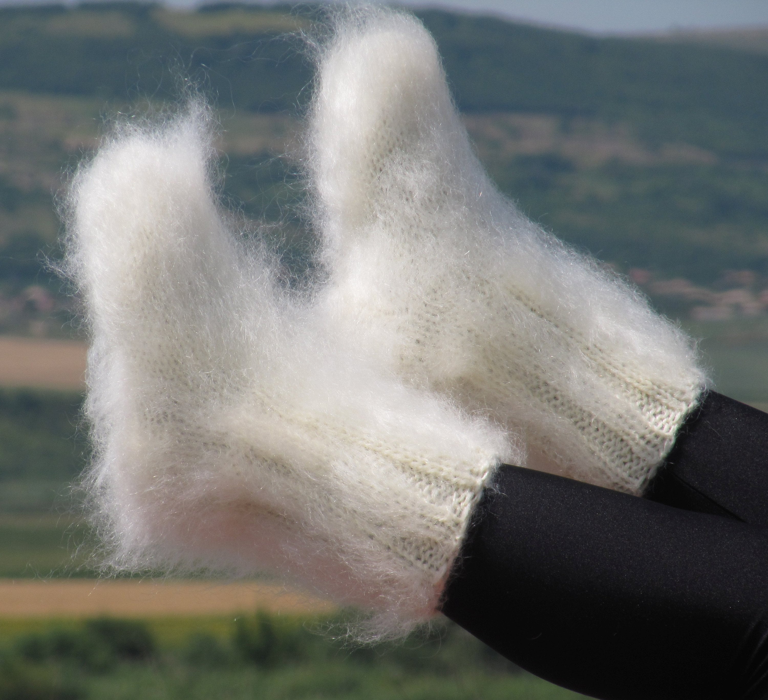 FUZZY Short Mohair Socks IVORY Thick Hand Knitted Fluffy Leg Warmers ...