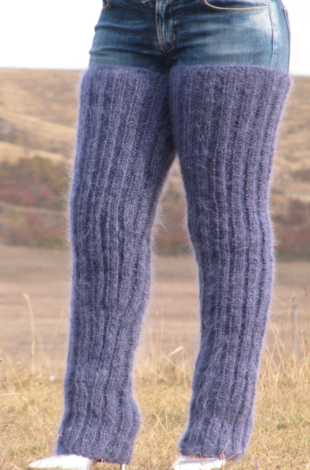 MOHAIR Hand Knitted Denim Melange Gaiters LEGWARMERS Legging Spats ...