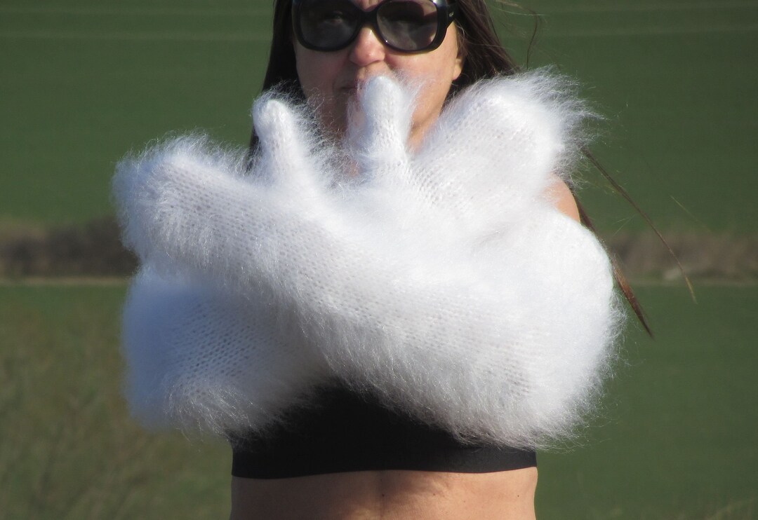 FUZZY Mohair WHITE Long Mittens Thick Warm Handmade Soft Ski - Etsy