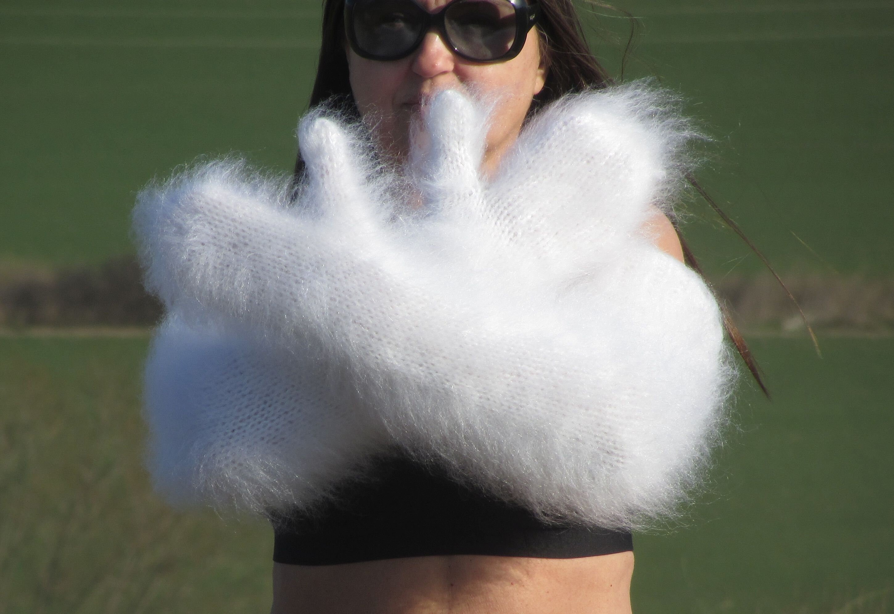FUZZY Mohair WHITE Long Mittens Thick Warm Handmade Soft Ski Cosy ...