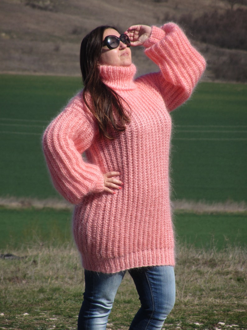 MOHAIR Hand Knitted SALMON Sweater Turtleneck Ribbed Pullover Handmade ...