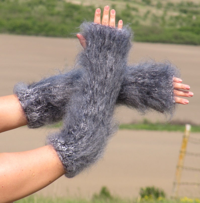 FUZZY MOHAIR Hand Knitted Mittens Black and White Fingerless Gloves ...