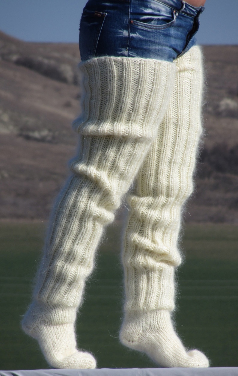 MOHAIR Hand Knitted Long Socks Stockings IVORY Leg Warmers Unisex Soft ...