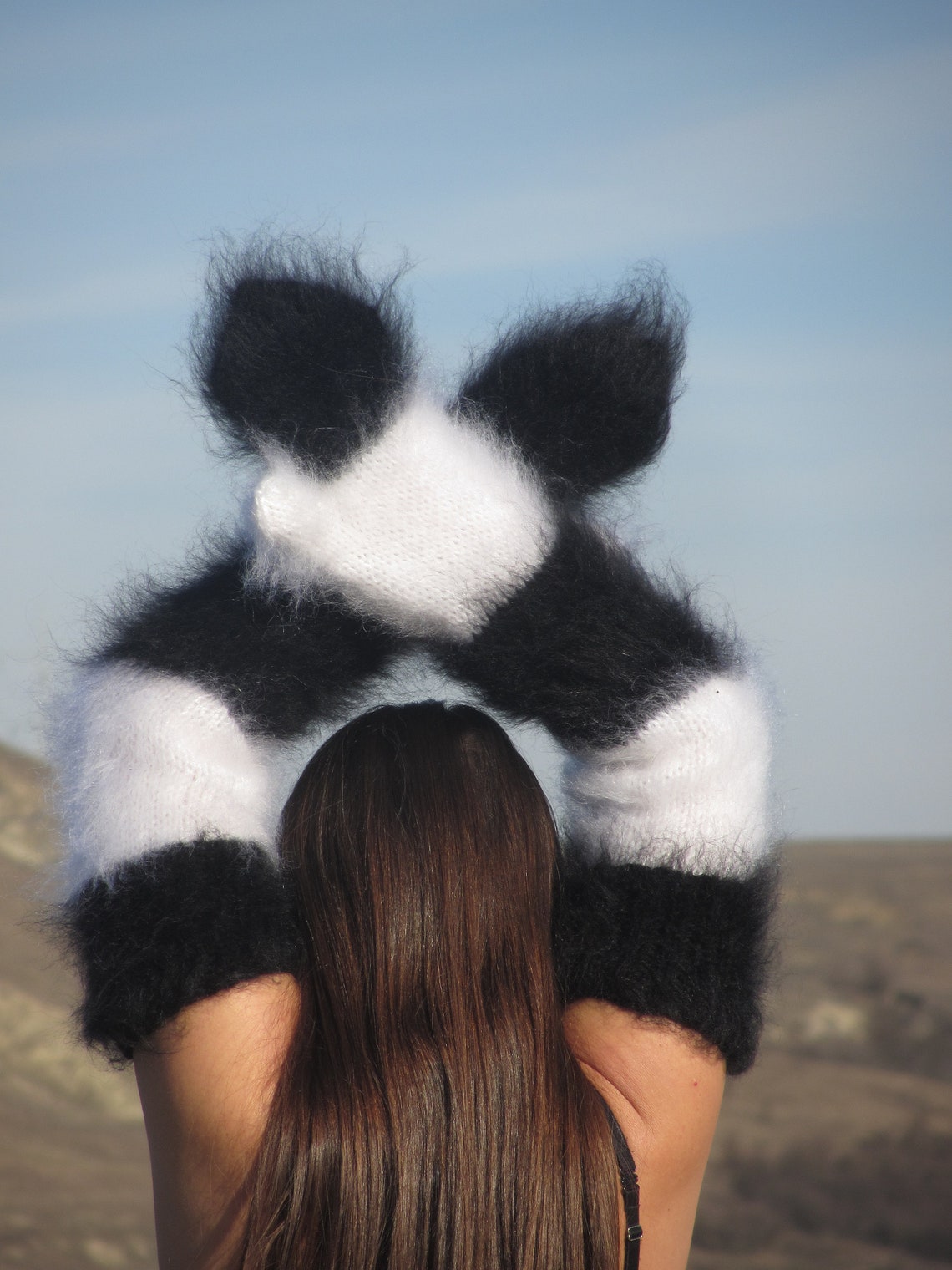 FUZZY Mohair ZEBRA Long Mittens Thick Warm Handmade Ski Black & Whide ...