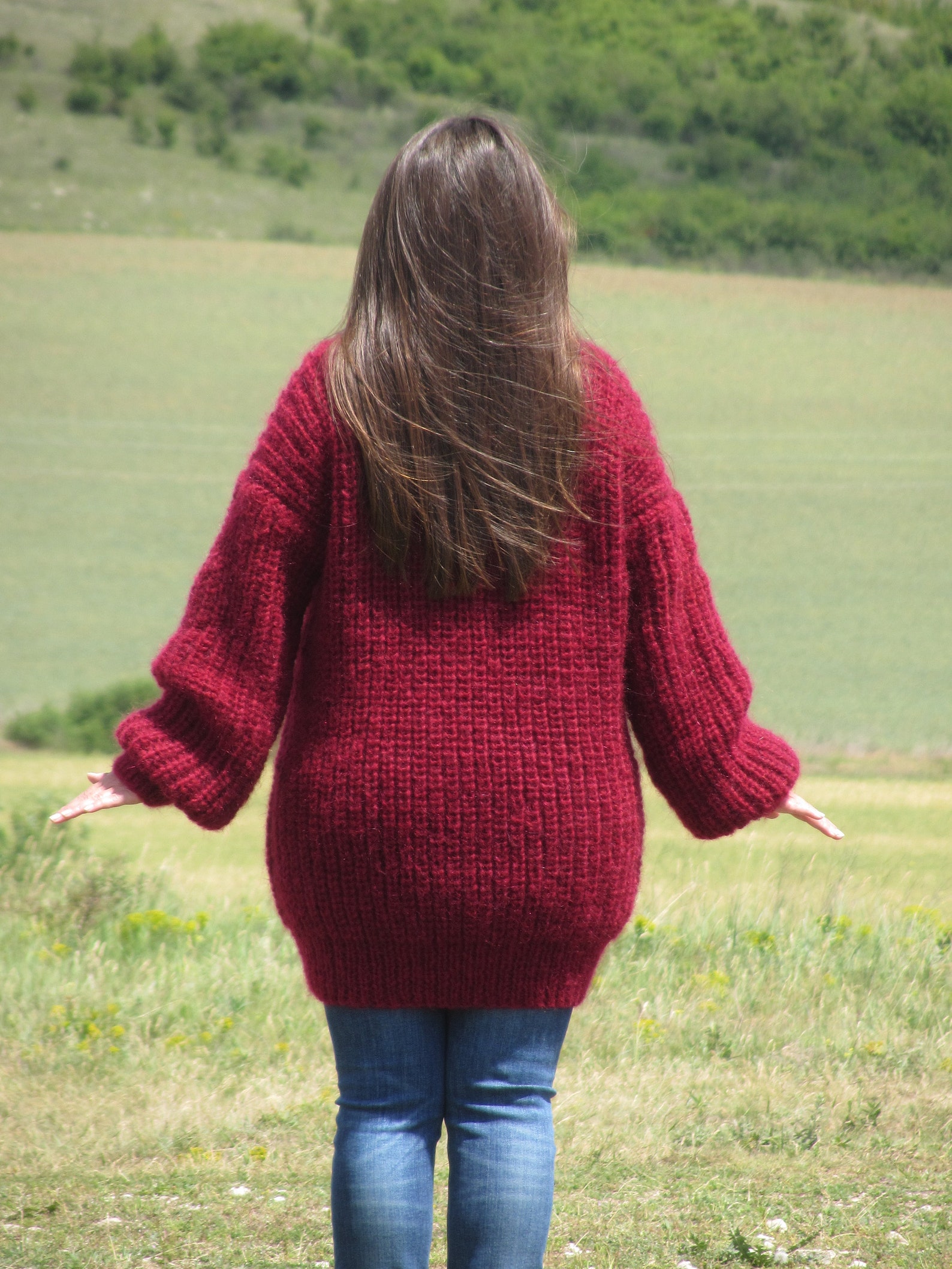 MOHAIR Hand Knitted BURGUNDY RED Sweater Turtleneck Ribbed Pullover ...
