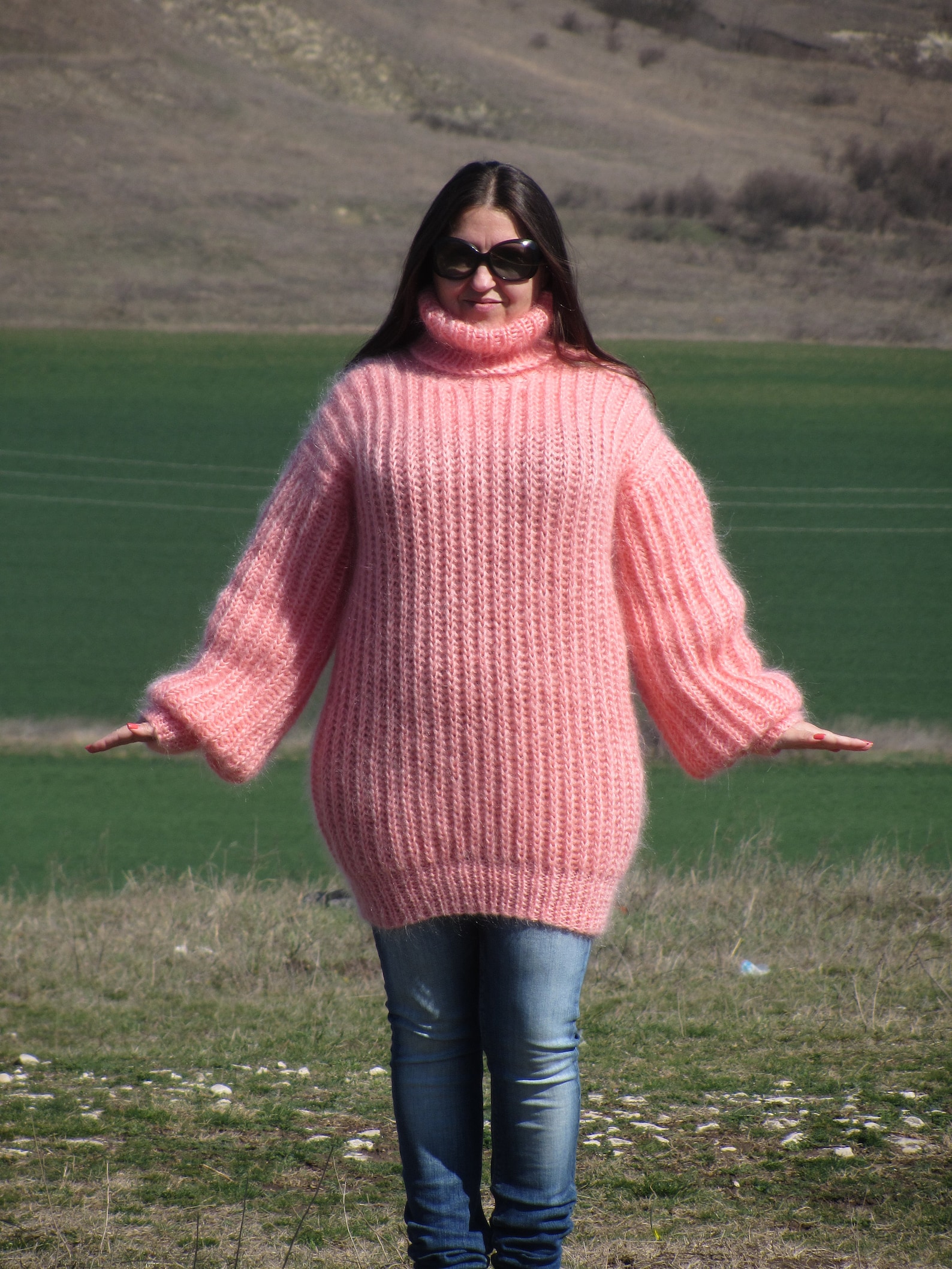 MOHAIR Hand Knitted SALMON Sweater Turtleneck Ribbed Pullover Handmade ...
