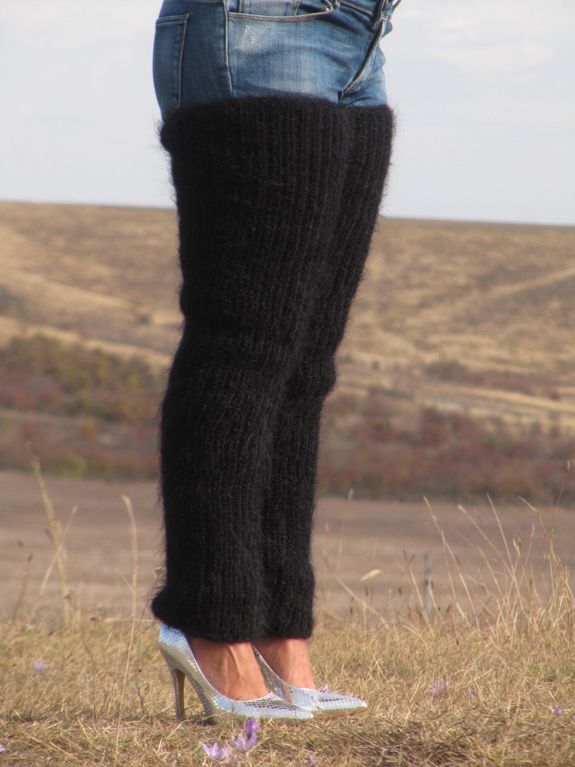 MOHAIR Hand Knitted BLACK Gaiters LEGWARMERS Legging Spats Unisex Soft ...