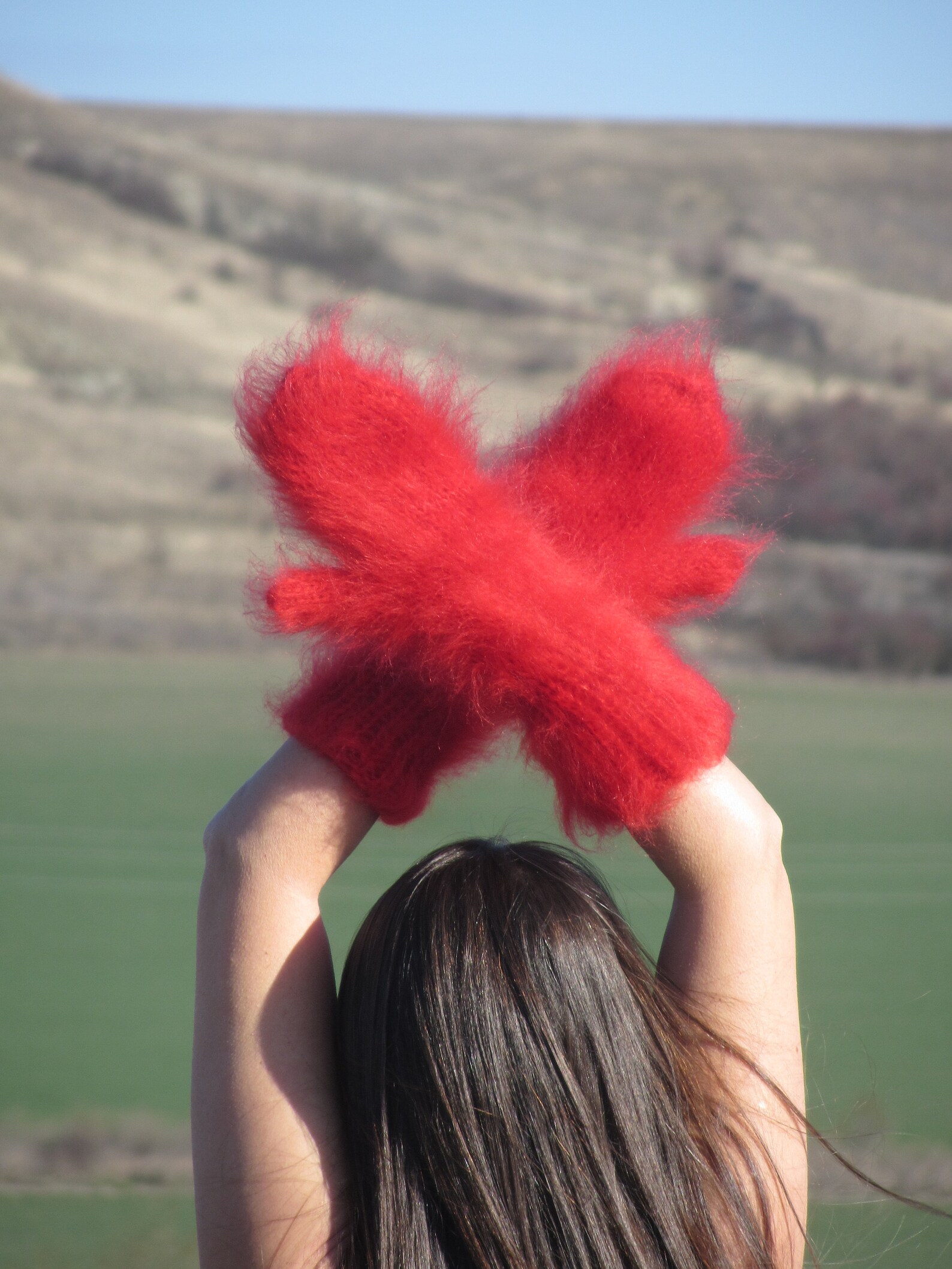 FUZZY Mohair Mittens BRIGHT RED Handmade Warm Hand Knitted Hand Warmers ...