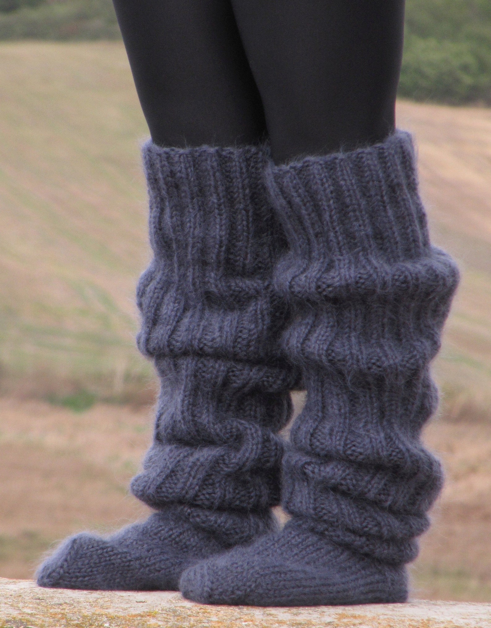 MOHAIR Hand Knitted Long Socks Stockings DARK GREY Leg Warmers Unisex ...