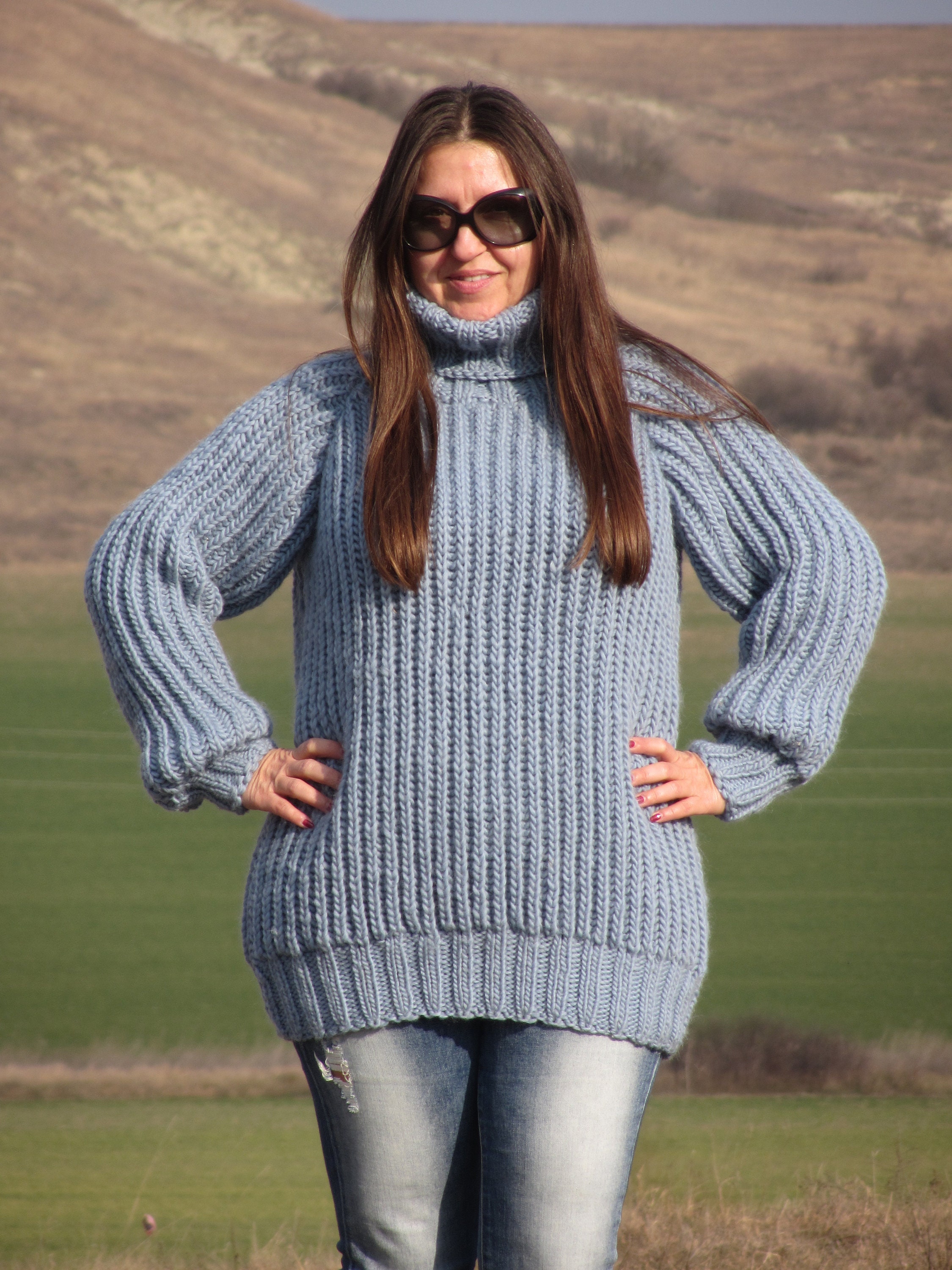 100% WOLLE Handgestrickter dicker Unisex Wollpullover mit Rollkragen ...