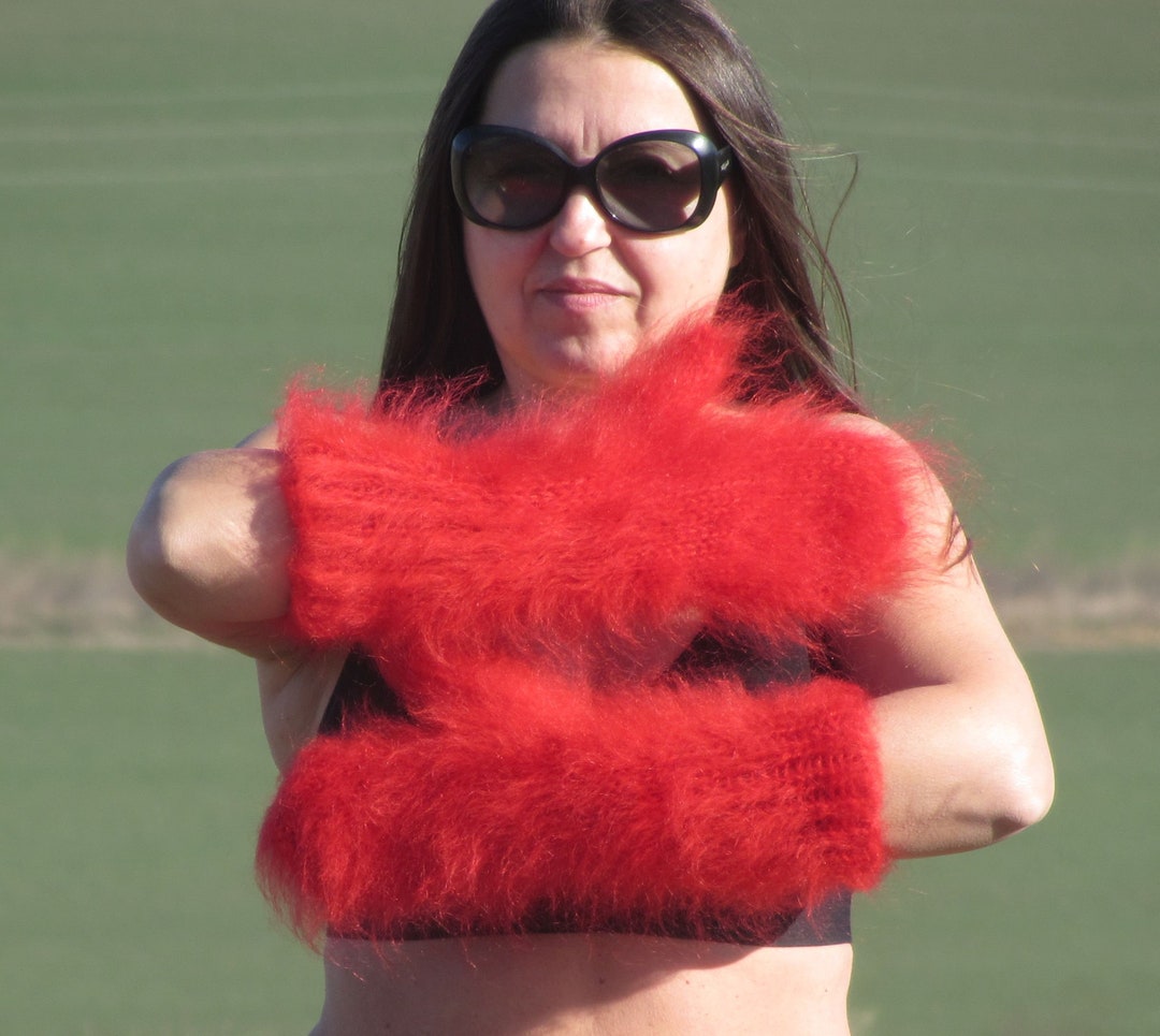 FUZZY Mohair Mittens BRIGHT RED Handmade Warm Hand Knitted Hand Warmers ...