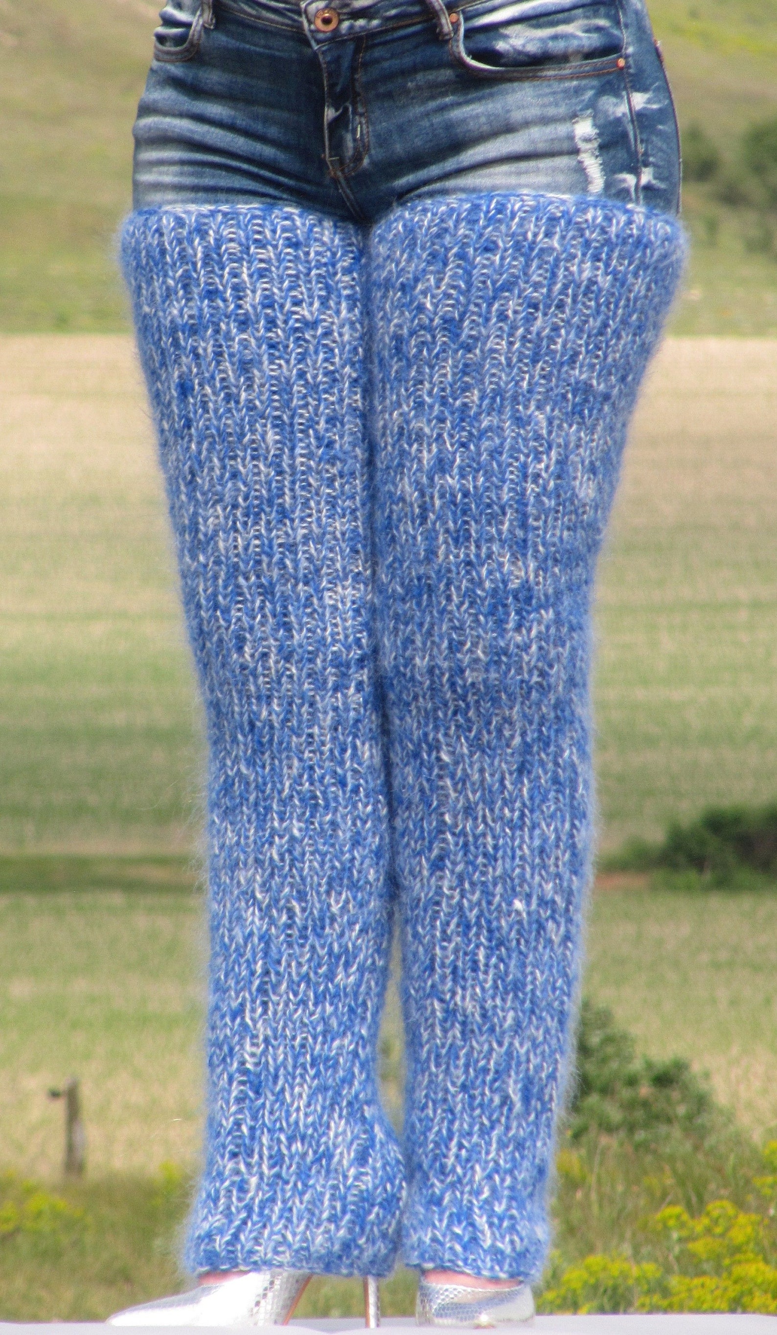 MOHAIR Hand Knitted CREAM and Royal Blue Gaiters LEGWARMERS Legging ...