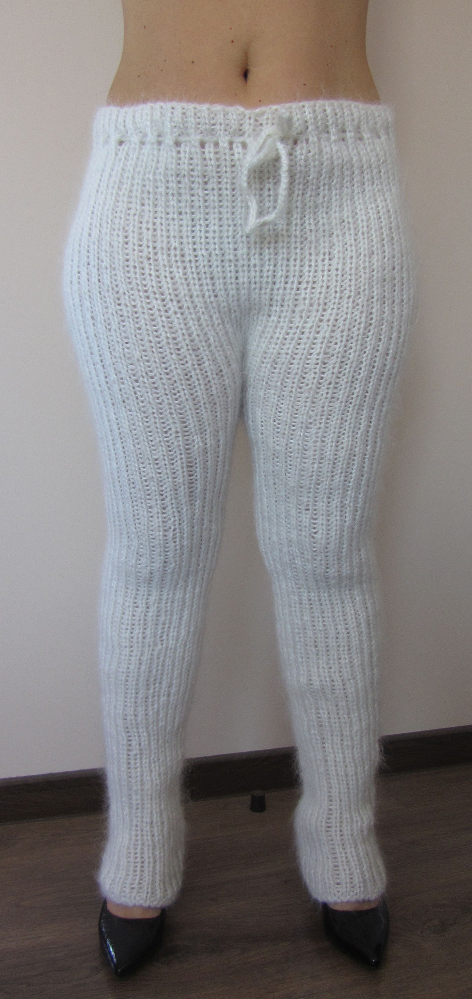 MOHAIR WHITE Designer Hand Knitted Pants Legwarmers Trousers Ribbed ...
