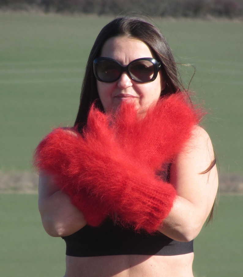 FUZZY Mohair Mittens BRIGHT RED Handmade Warm Hand Knitted Hand Warmers ...