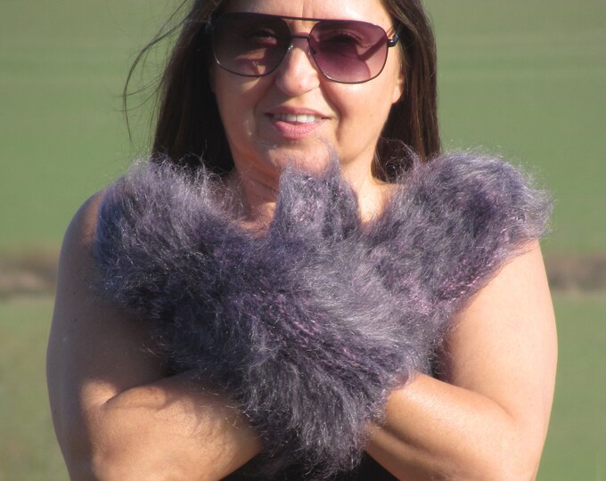 FUZZY MOHAIR Hand Knitted Mittens WHITE Fingerless Gloves Soft Fluffy ...