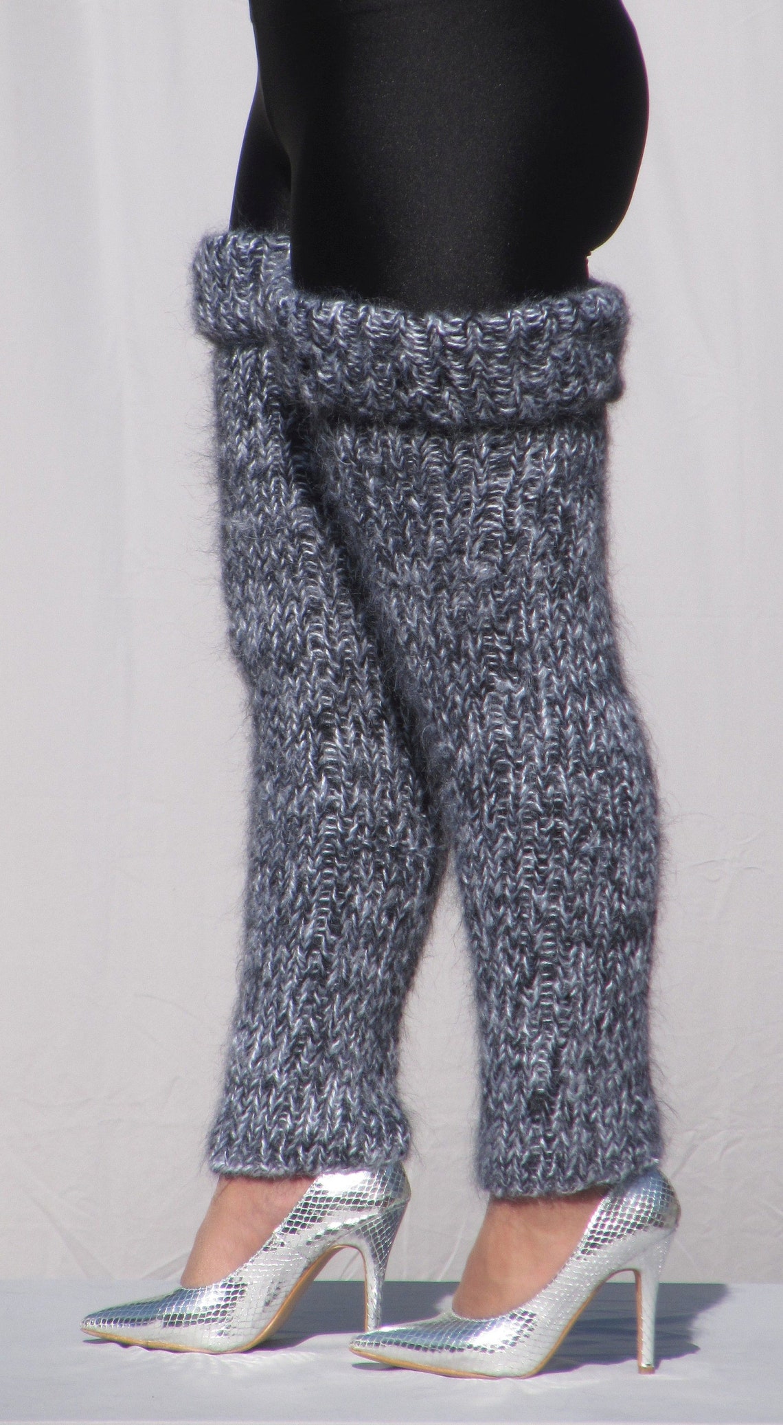 MOHAIR Hand Knitted BLACK & WHITE Gaiters Legwarmers Legging Spats ...