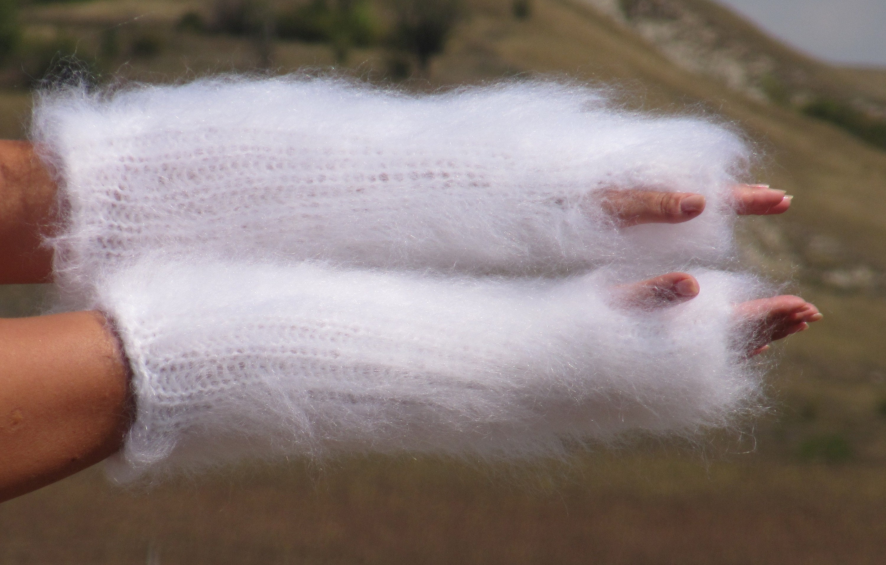 FUZZY MOHAIR Hand Knitted Mittens WHITE Fingerless Gloves Soft - Etsy