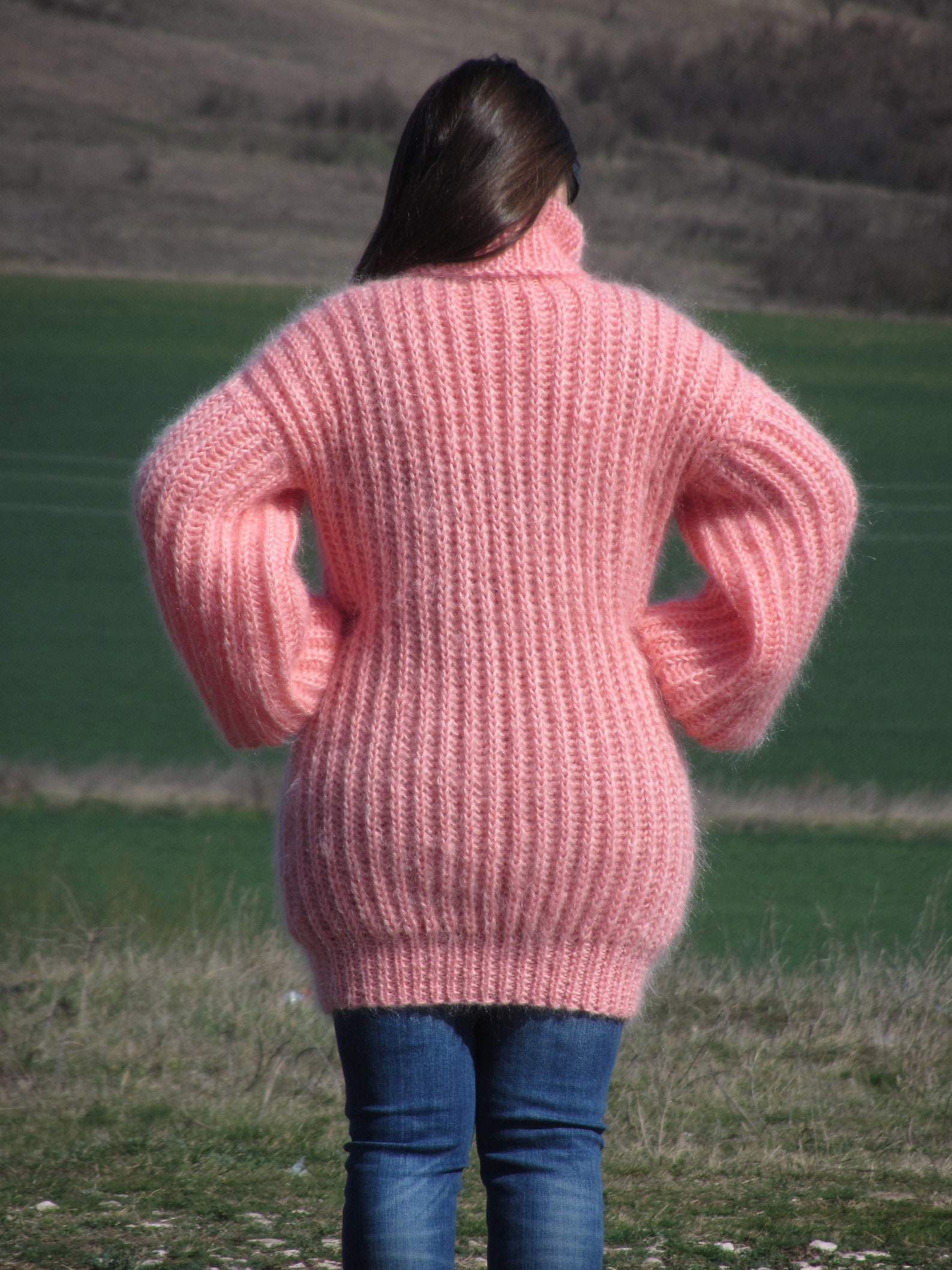 MOHAIR Hand Knitted SALMON Sweater Turtleneck Ribbed Pullover Handmade ...
