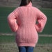 MOHAIR Hand Knitted SALMON Sweater Turtleneck Ribbed Pullover Handmade ...
