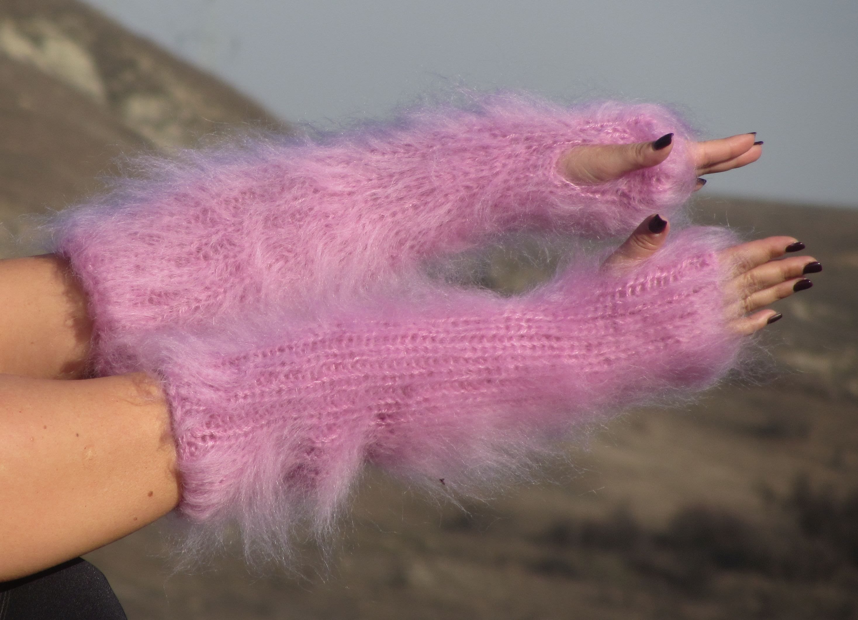 FUZZY MOHAIR Hand Knitted Light Pink Melange Fingerless Gloves - Etsy UK